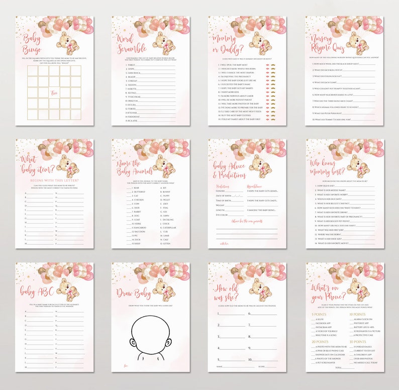 Teddy Bear Baby Shower Games Girl Baby Shower Games Bundle - Etsy