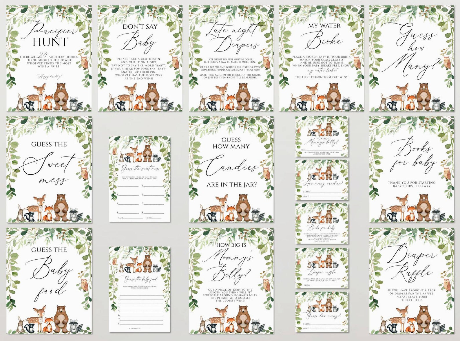 Woodland Editable Baby Shower Games, Printable Animal Baby Shower Games ...