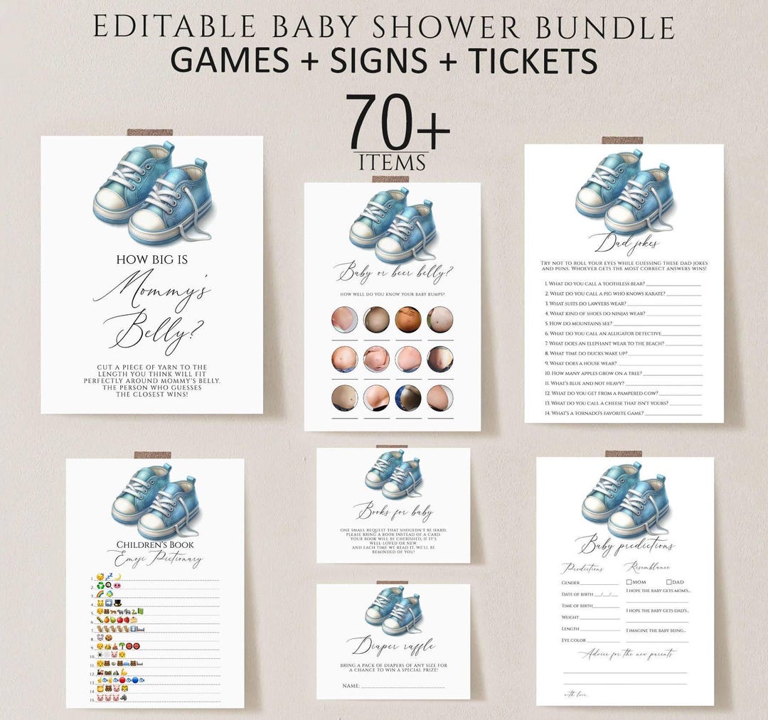 Blue Shoes Baby Shower Games Bundle, Printable Blue Booties Baby Shower ...