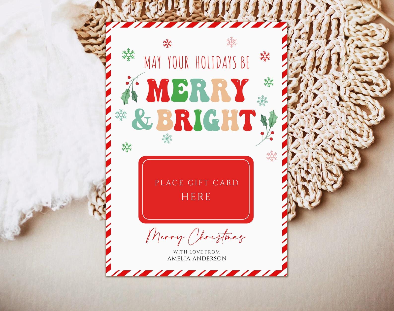 Printable Merry and Bright Christmas Gift Card Holder, Colorful Holiday ...