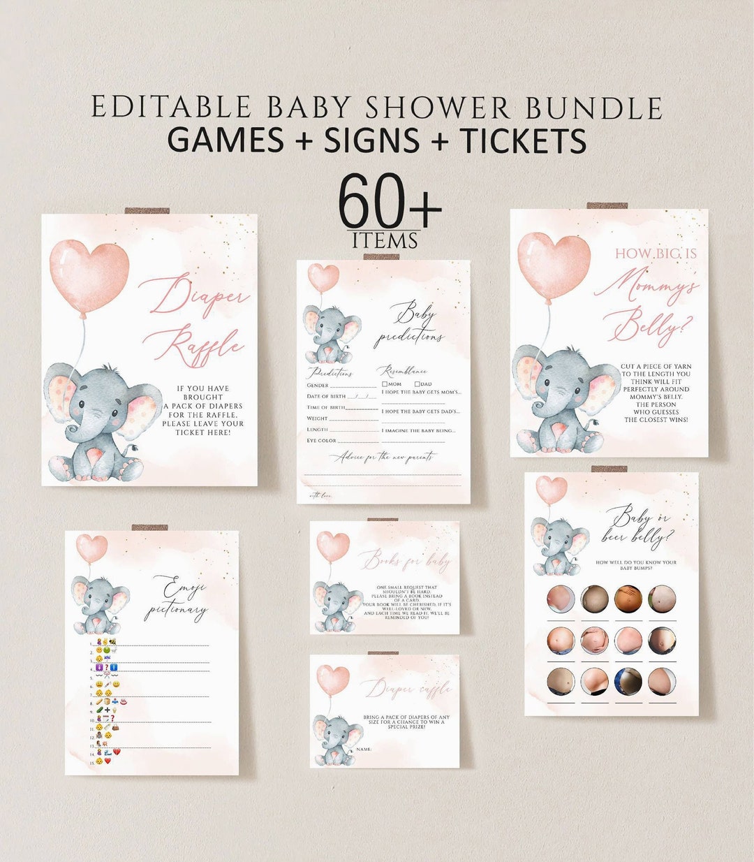 Elephant Baby Shower Games Bundle, Pink Girl Theme (digital Download ...