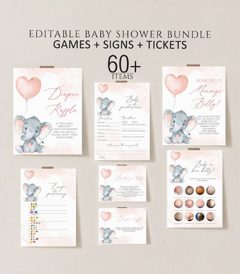 Elephant Baby Shower Games Printable Game Bundle Pink Elephant - Etsy