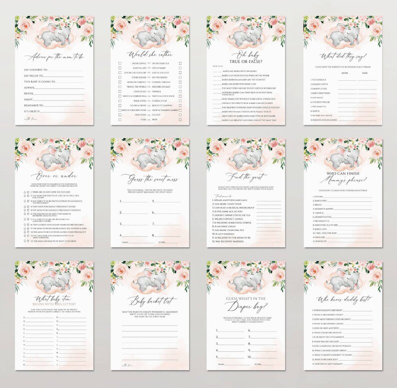 Elephant Baby Shower Games Printable Game Bundle Pink Elephant - Etsy