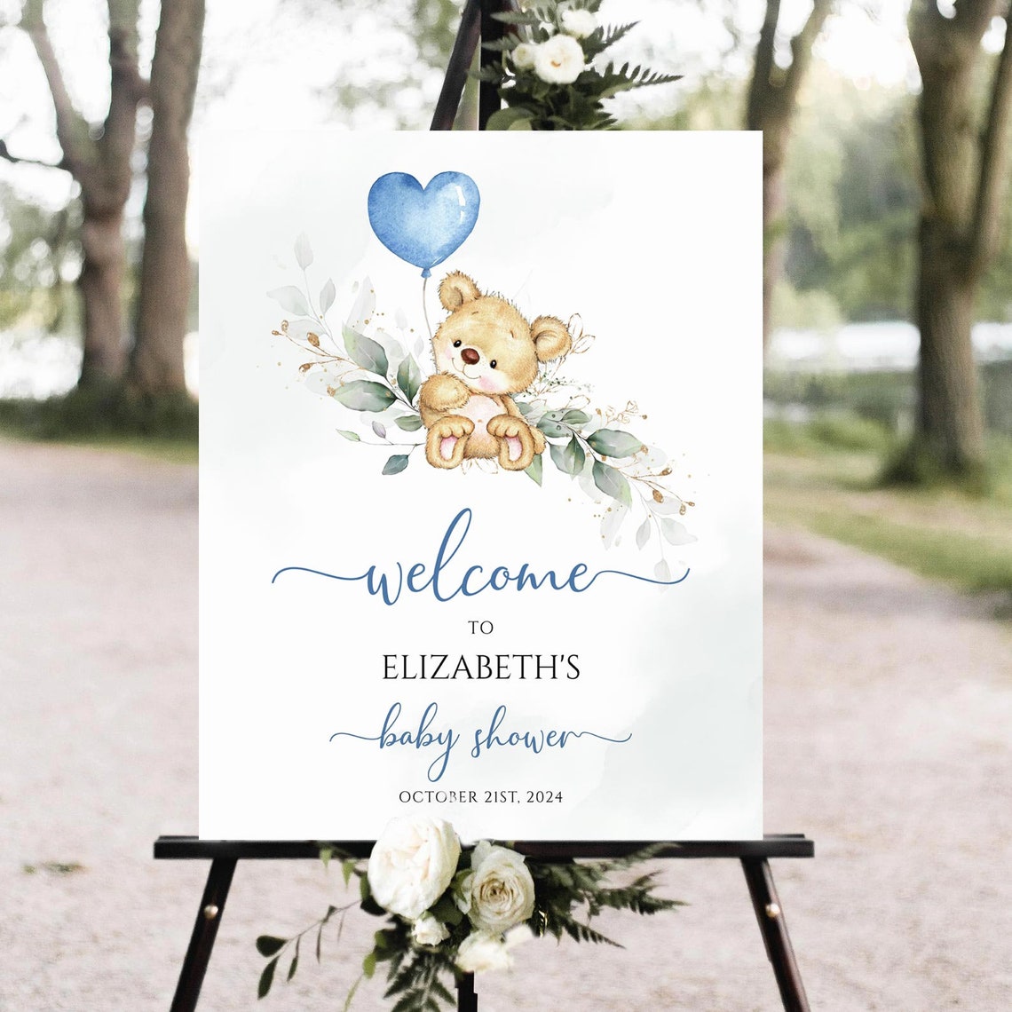 Editable Blue Teddy Bear Baby Shower Welcome Sign Bear Themed Baby ...
