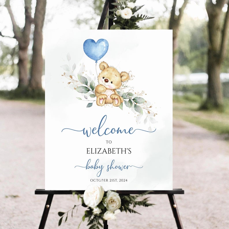 Editable Blue Teddy Bear Baby Shower Welcome Sign Bear Themed - Etsy