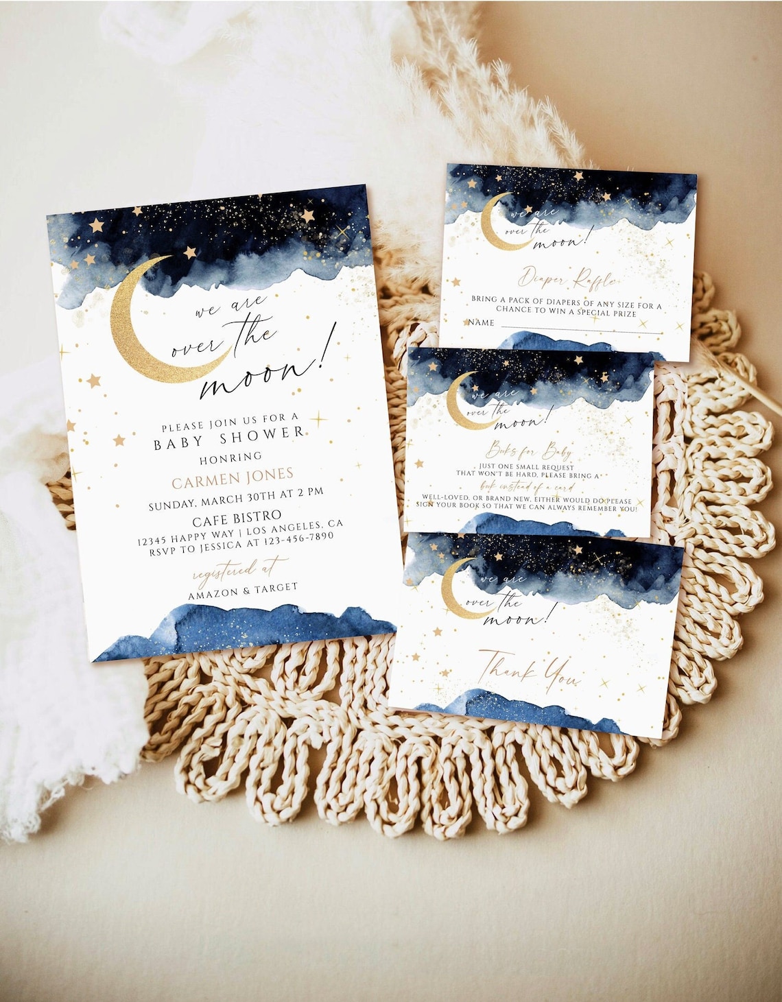We Are Over the Moon Baby Shower Invitation Set, Blue Twinkle Little ...