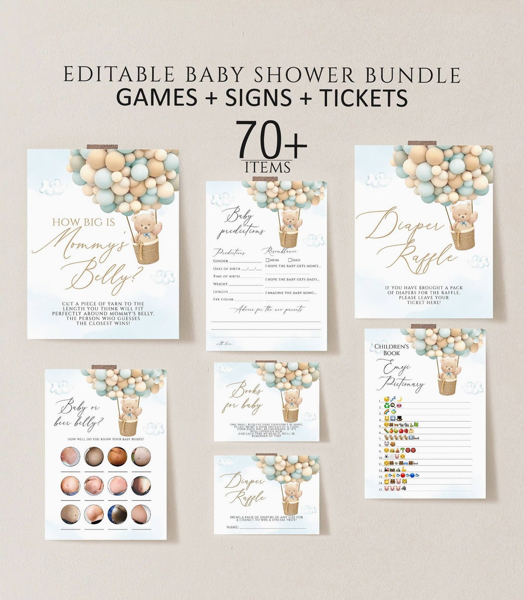 Teddy Bear Baby Shower Games, Boy Baby Shower Games Bundle, Blue ...