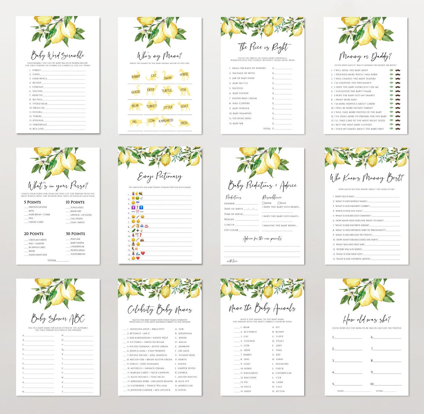 Citrus Lemon Baby Shower Games Bundle, Editable Baby Shower Games ...