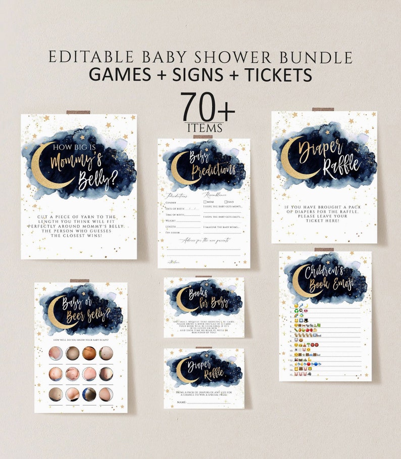 Moon and Stars Baby Shower Games Bundle, Over the Moon, Twinkle Little ...