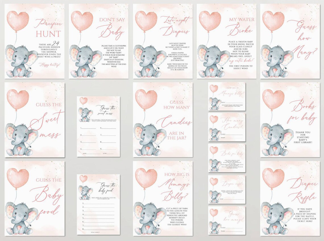 Elephant Baby Shower Games Printable Game Bundle Pink Elephant - Etsy