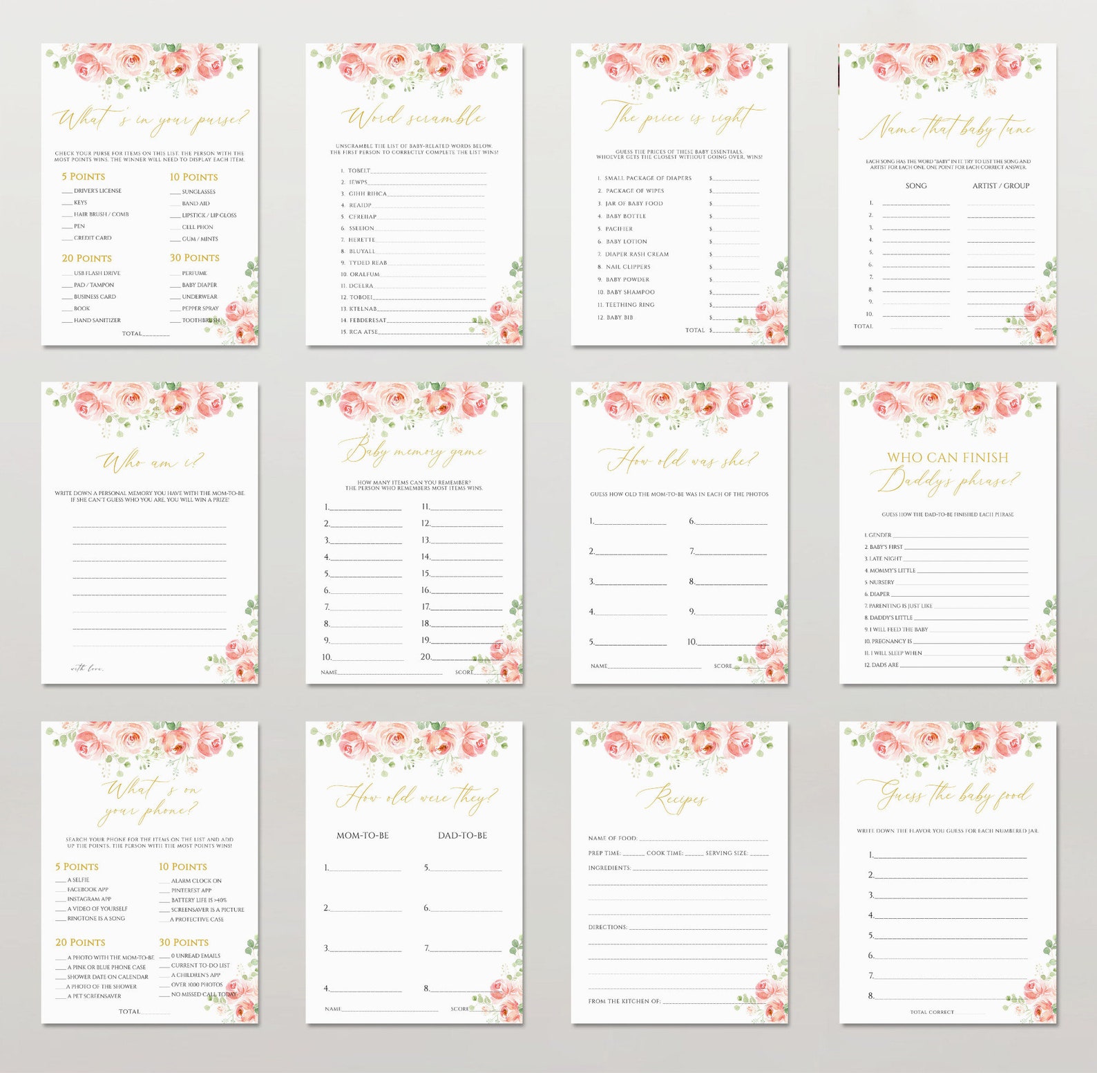 Blush Pink Floral Baby Shower Games Printable, Boho Baby Shower Game ...