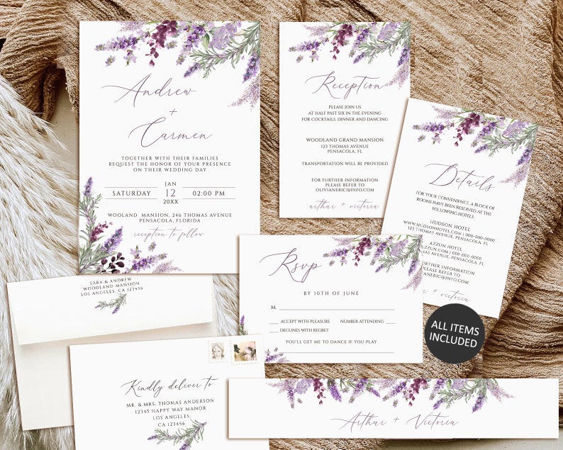 Lavender Wedding Invitation Set, Lavender Wedding Invitation Template ...