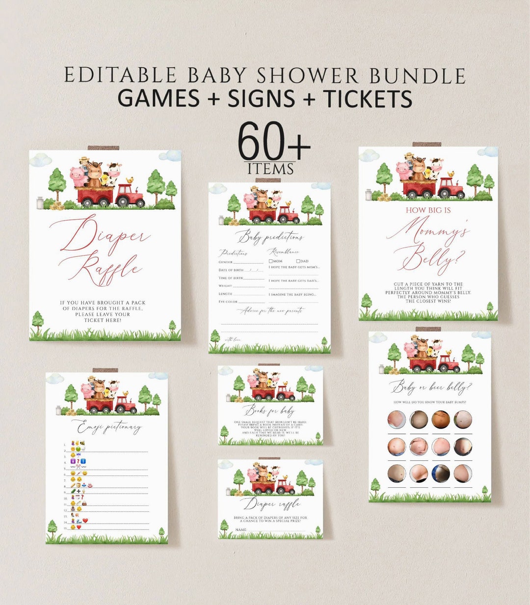 Farm Animal Baby Shower Games Bundle, Editable Printable (instant ...