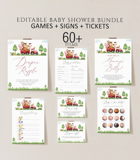 Farm Animal Baby Shower Games Bundle Editable Baby Shower | Etsy