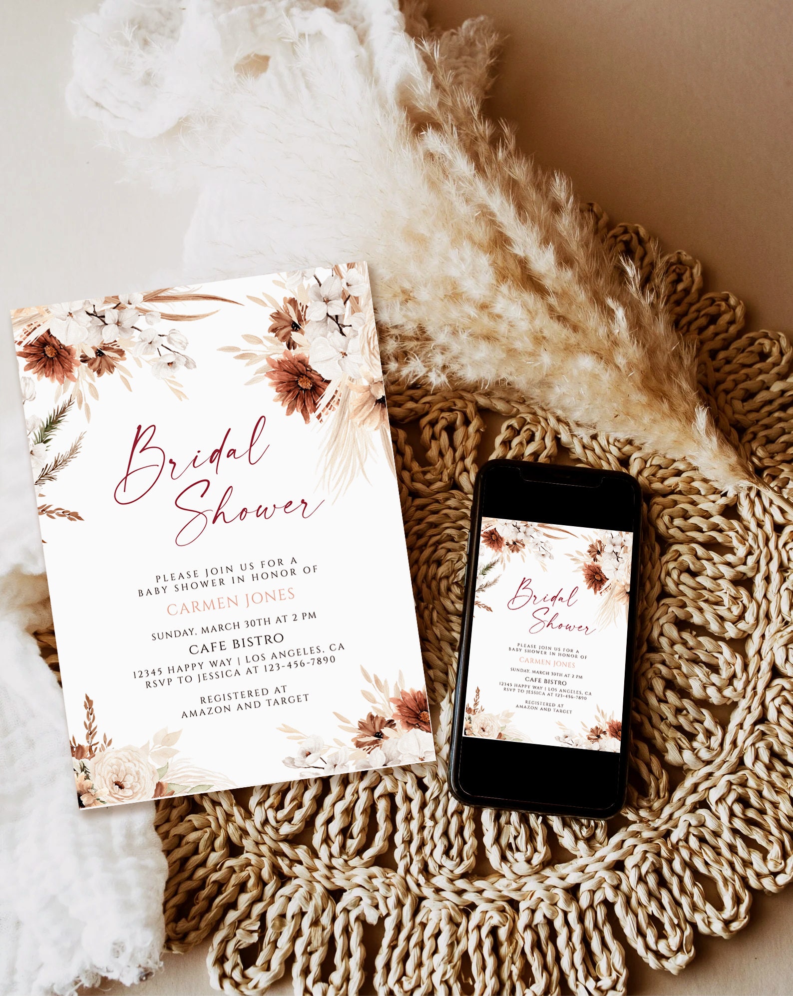 Boho Pampas Grass Bridal Shower Invitation, Editable Template - Etsy