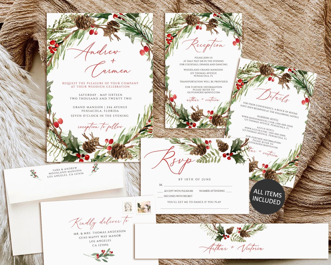 Christmas Wedding Invitation Template Wedding Invitation Set - Etsy