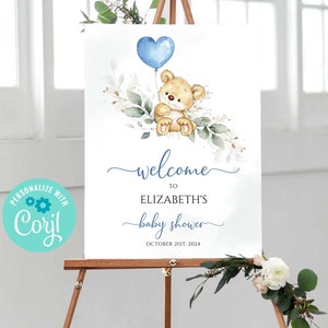 Editable Blue Teddy Bear Baby Shower Welcome Sign Bear Themed Baby ...