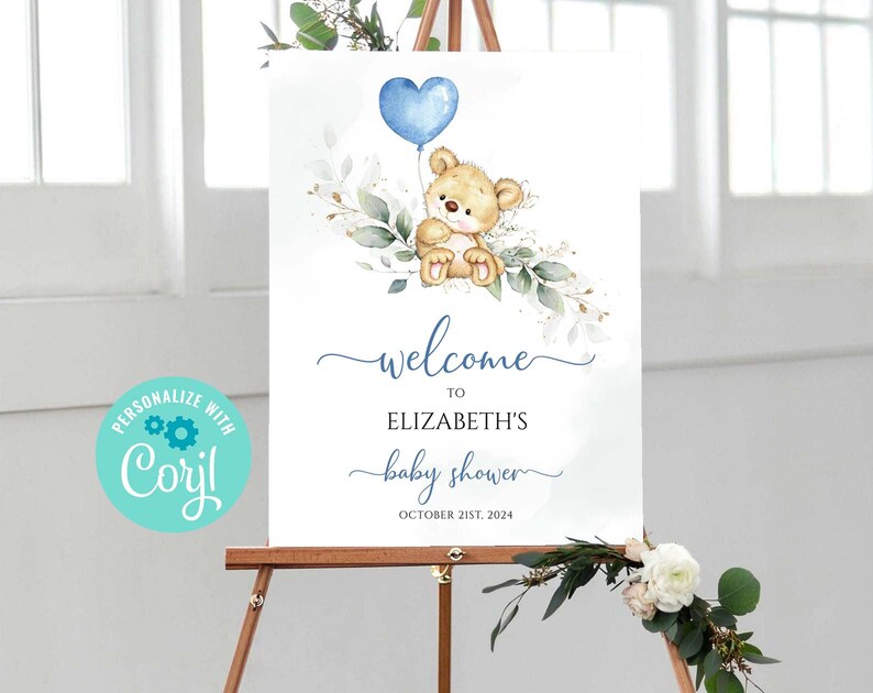 Editable Blue Teddy Bear Baby Shower Welcome Sign Bear Themed - Etsy