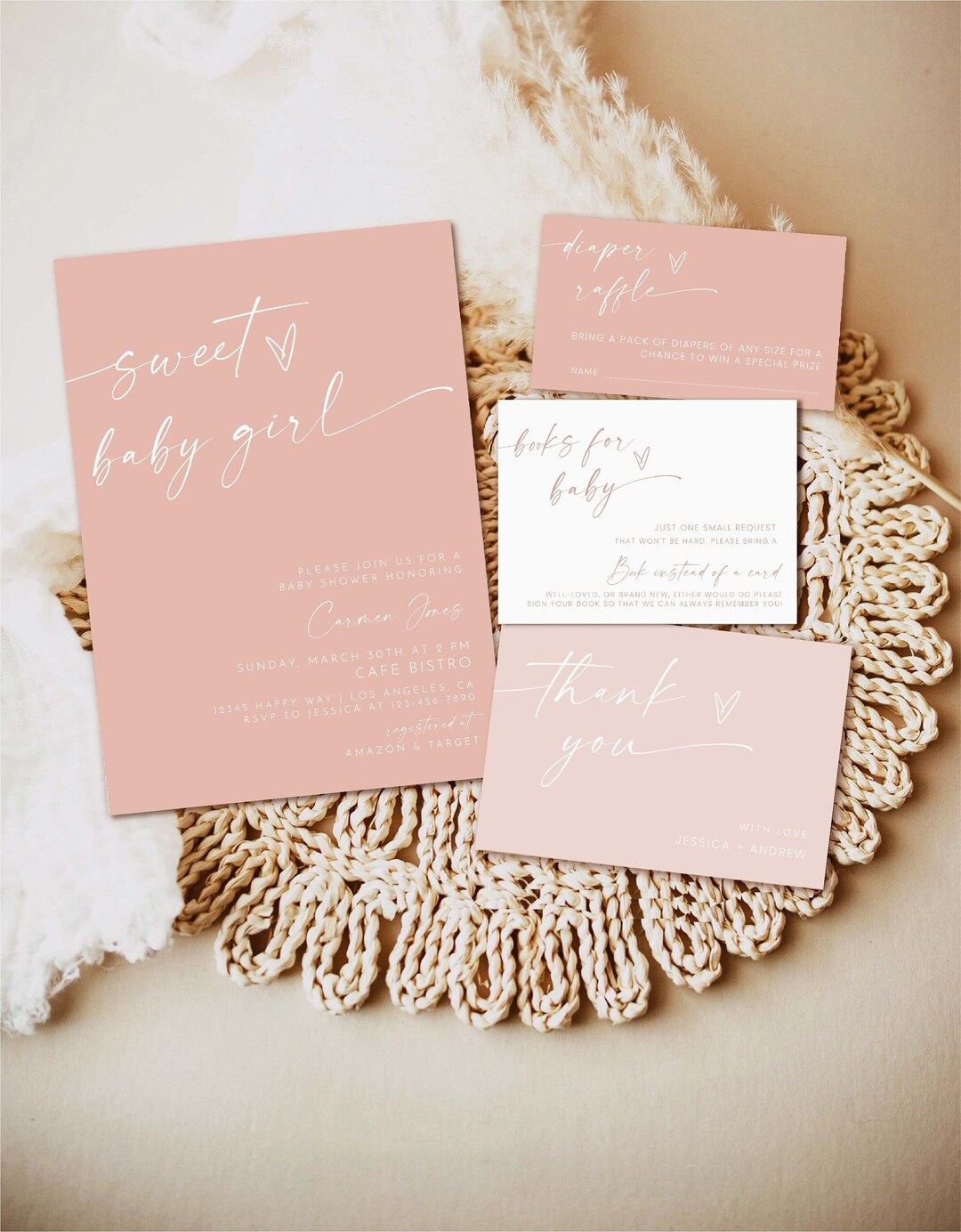 Boho Minimalist Baby Shower Invitation, Dusty Pink Girl Baby Shower ...