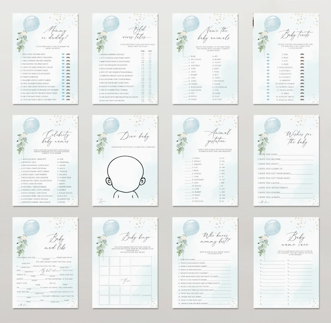 Blue Balloon Baby Shower Games Printable Boy Baby Shower - Etsy