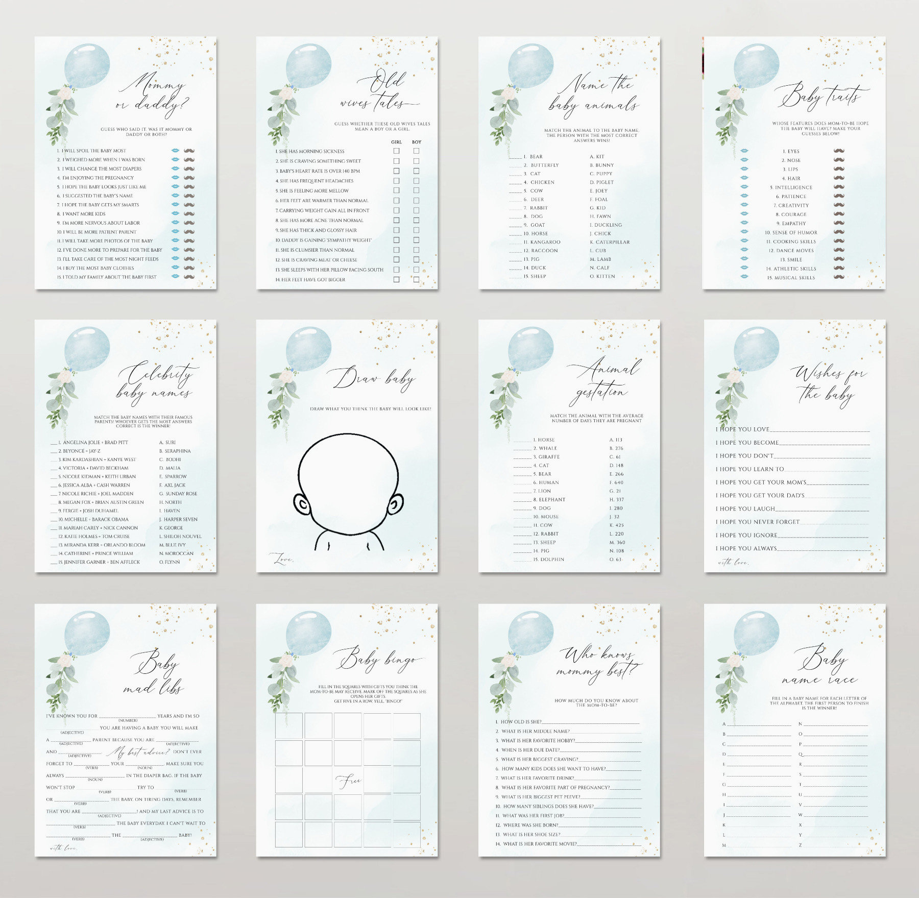 Blue Balloon Baby Shower Games Printable Boy Baby Shower - Etsy
