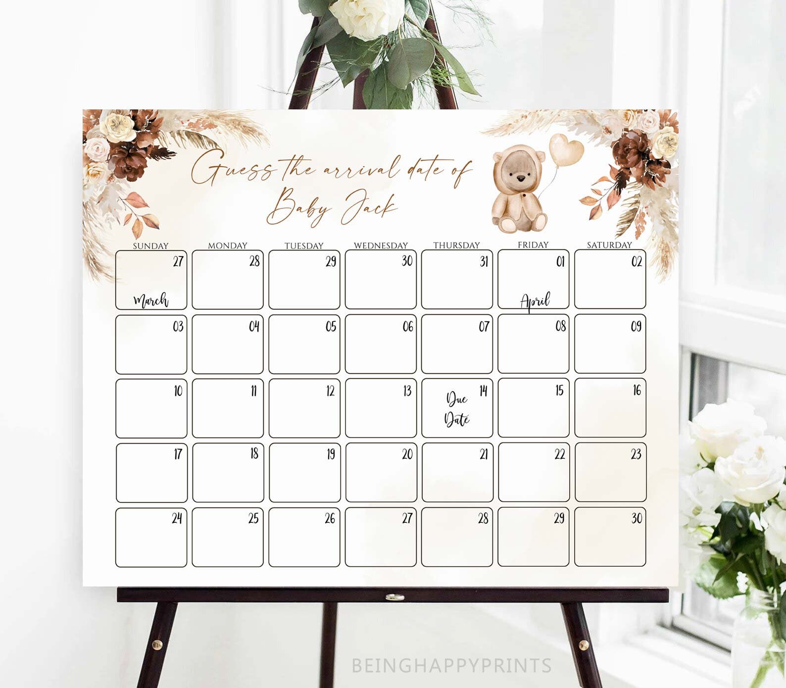 Boho Teddy Bear Baby Due Date Calendarguess Baby's Birth - Etsy