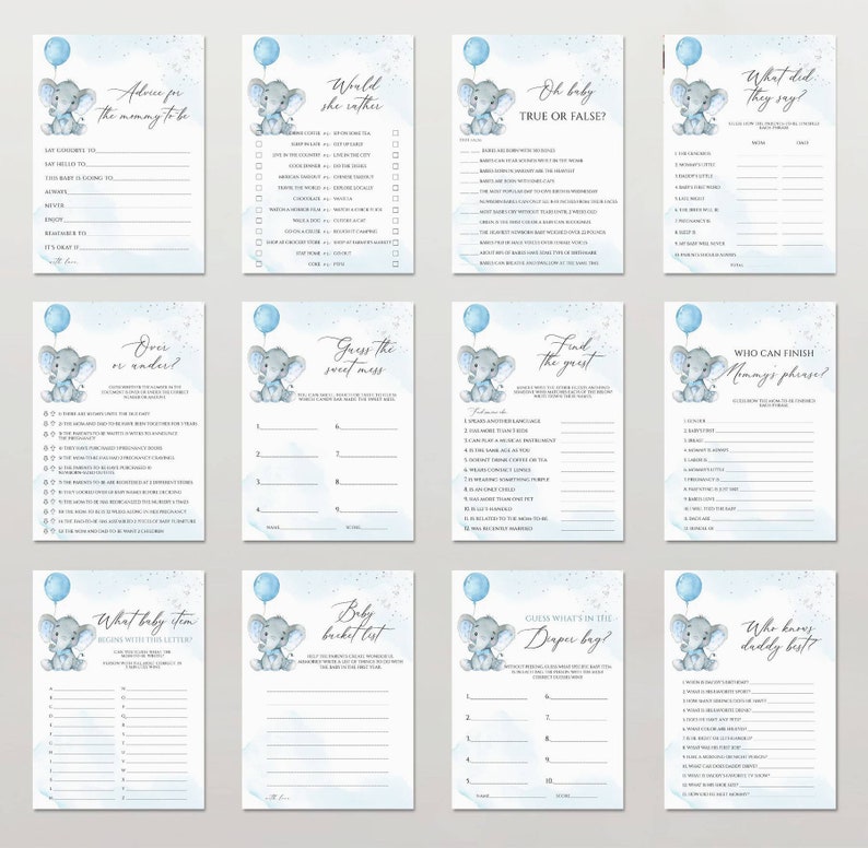 Elephant Baby Shower Games Bundle Blue Elephant Instant - Etsy