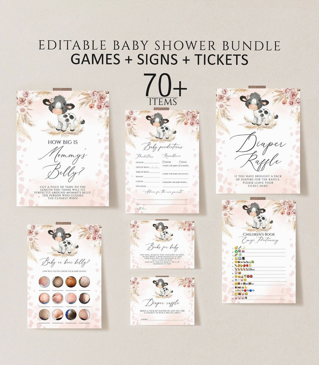 Pink Cow Baby Shower Games Bundle, Boho Pampas Grass (editable) - Etsy