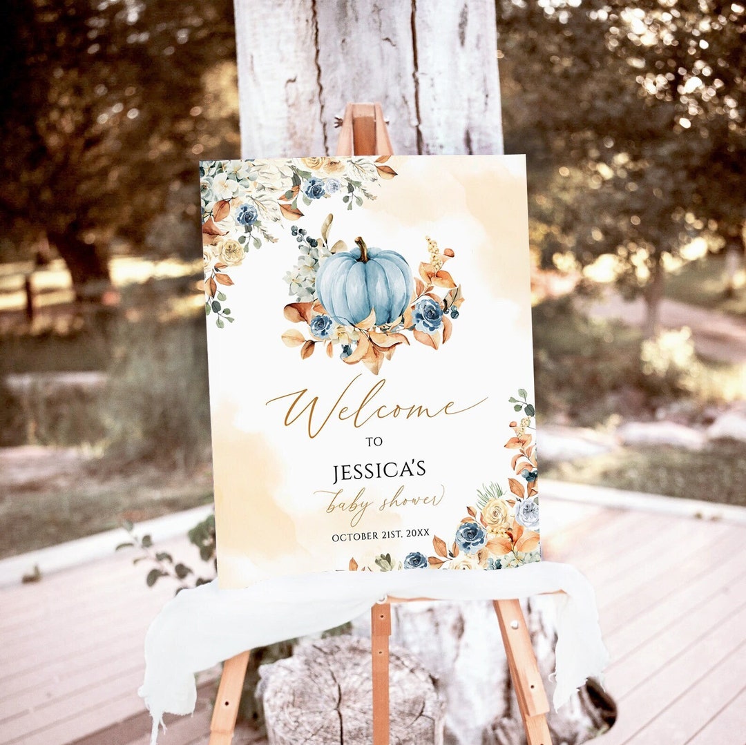 Editable Boy Blue Pumpkin Baby Shower Welcome Sign, Fall Rustic Floral ...