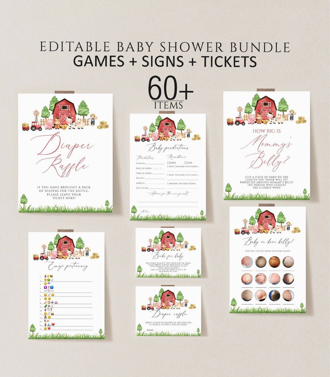 Farm Animals Baby Shower Games Bundle, Editable Baby Shower Games ...