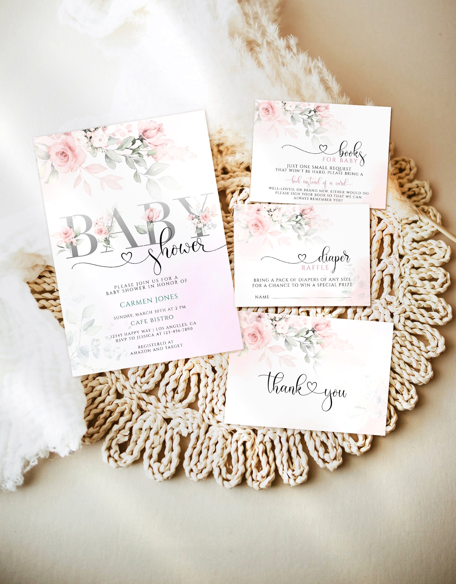 Pink Baby Shower Invitation Invitation Set Floral 5x7 Invite - Etsy