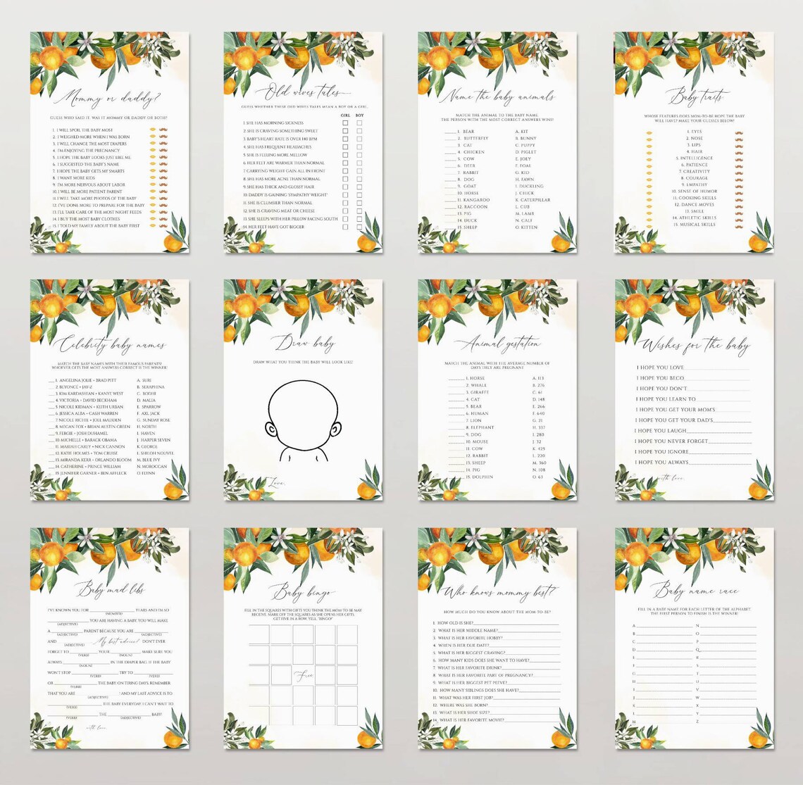 Orange Baby Shower Game Bundle, Editable Baby Shower Games Printable ...