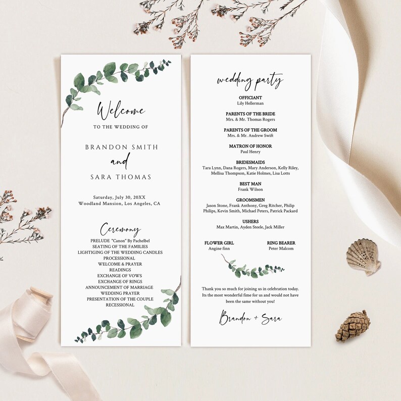 Minimalist Wedding Program Template Greenery Wedding Program | Etsy