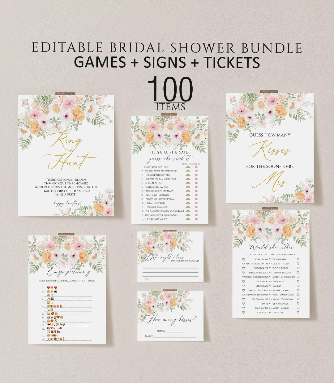 Floral Bridal Shower Games Bundle, Editable Printable Games (digital ...