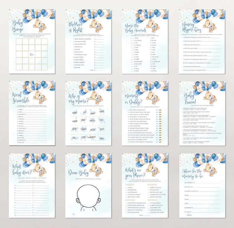 Teddy Bear Baby Shower Gamesboy Baby Shower Game Bundleblue | Etsy