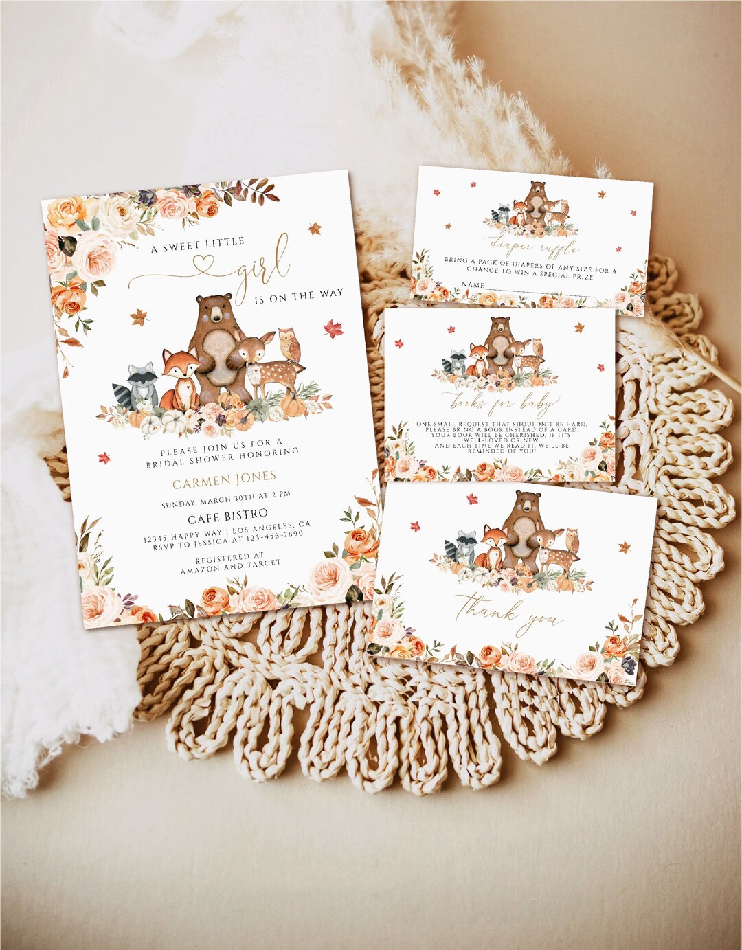 Editable Fall Woodland Baby Shower Invitation Bundle, Woodland Pumpkin ...