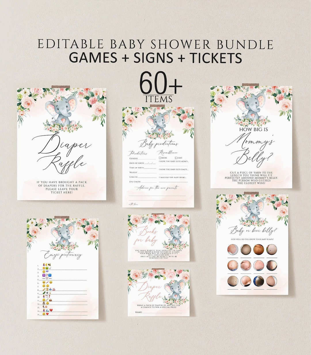 Elephant Baby Shower Games Printable Game Bundle Pink Elephant Girl ...