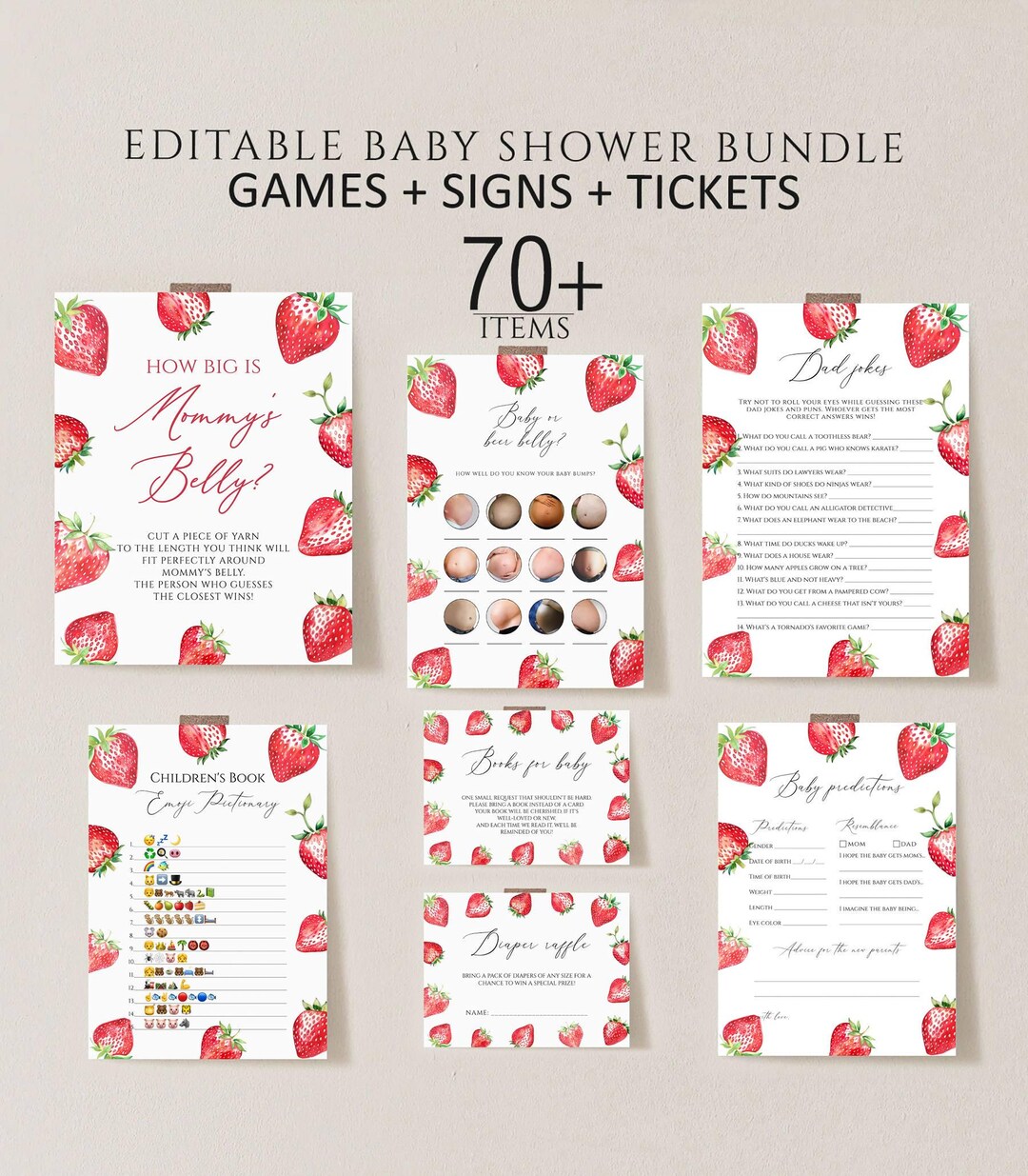 Editable Strawberry Baby Shower Game Bundle, Strawberry Baby Shower ...