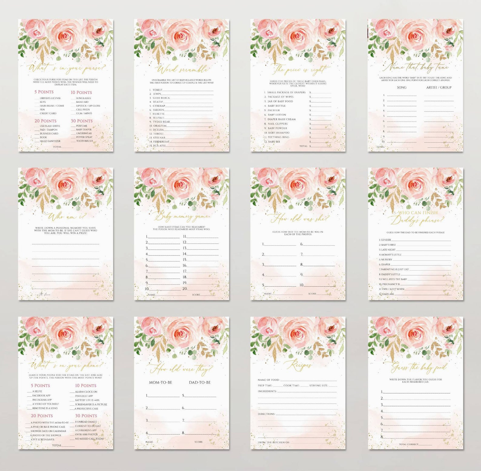 Blush Pink Floral Baby Shower Games Bundle, Editable Baby Shower Games ...