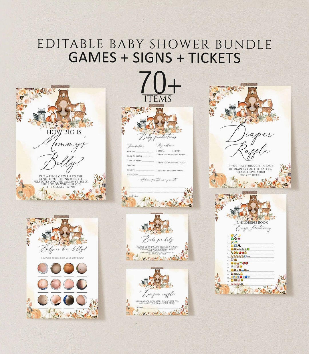 Editable Fall Woodland Baby Shower Games Bundle, Woodland Pumpkin Baby ...