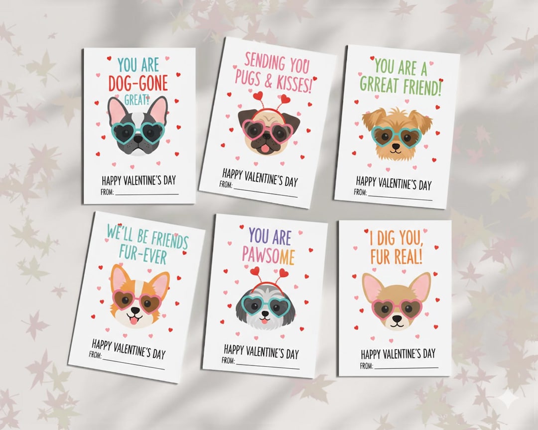 Kids Valentine's Day Dog Cards, Printable Puppy Valentines (digital ...