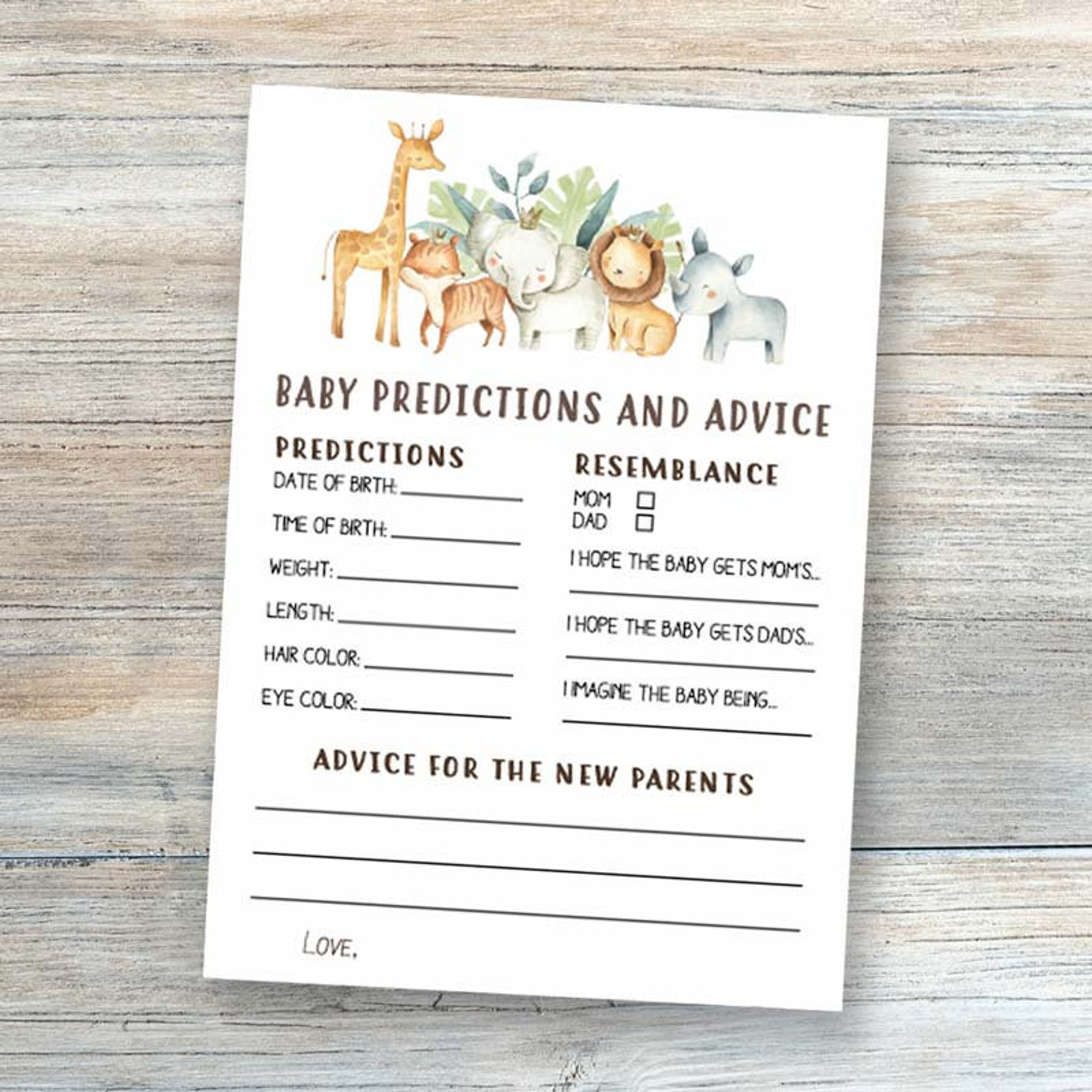 Baby Prediction Cards Baby Prediction Game Safari Baby - Etsy