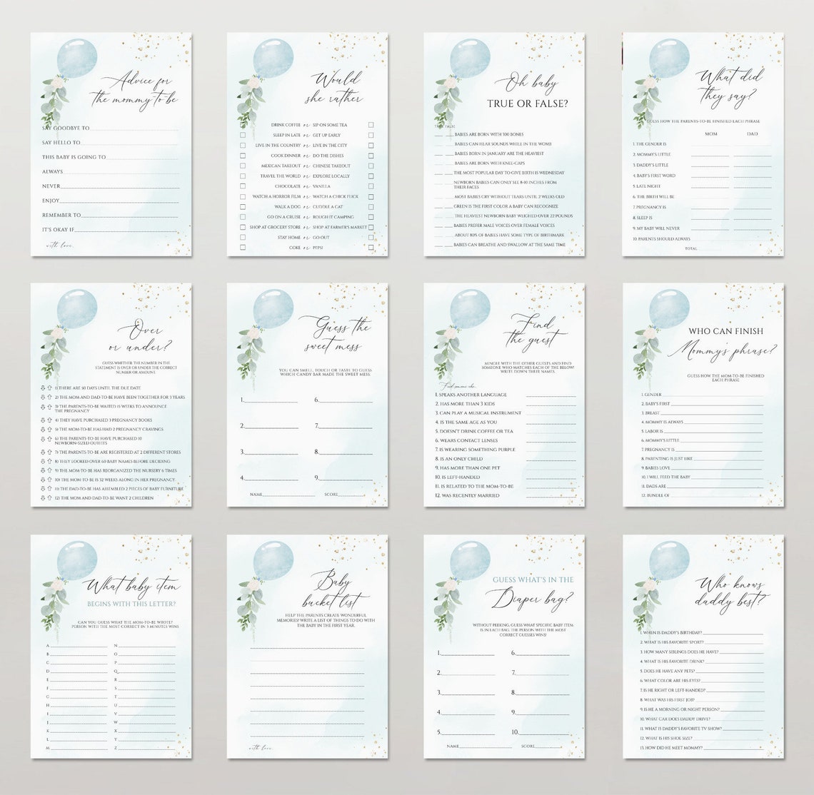 Blue Balloon Baby Shower Games Printable Boy Baby Shower - Etsy
