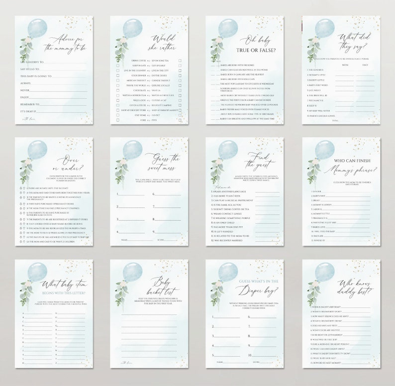 Blue Balloon Baby Shower Games Printable Boy Baby Shower - Etsy
