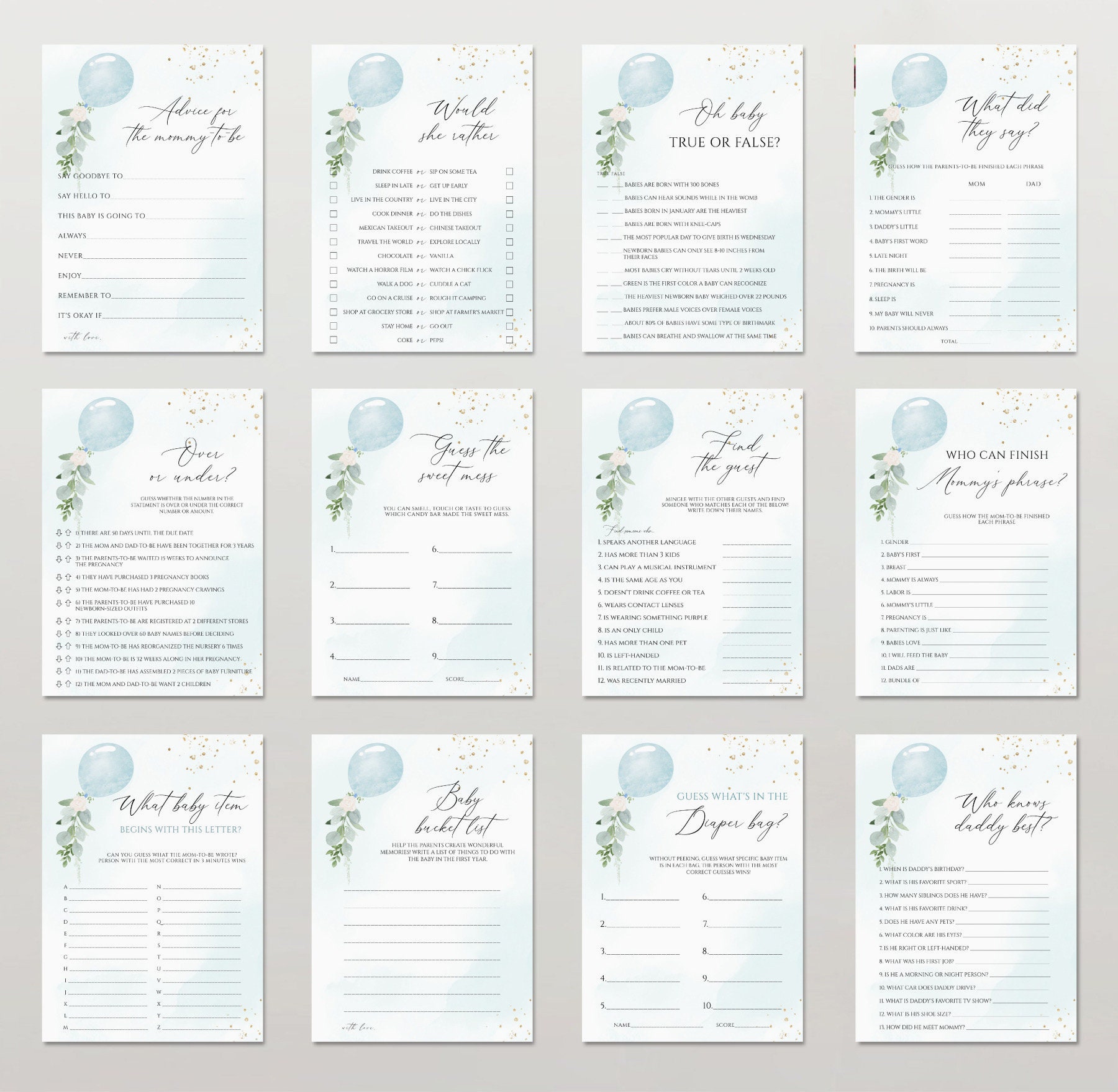 Blue Balloon Baby Shower Games Printable Boy Baby Shower - Etsy