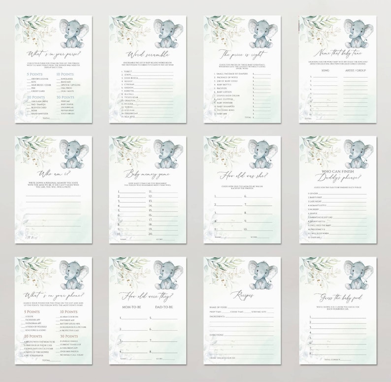 Elephant Baby Shower Games Bundle, Neutral Theme (digital Download) - Etsy