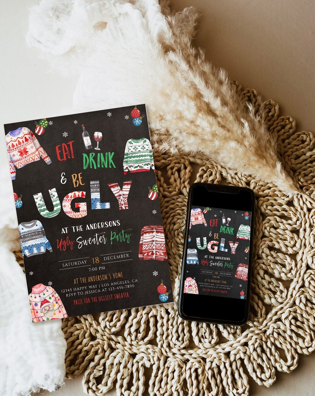 Editable Ugly Sweater Christmas Party Invitation Template, Eat Drink ...