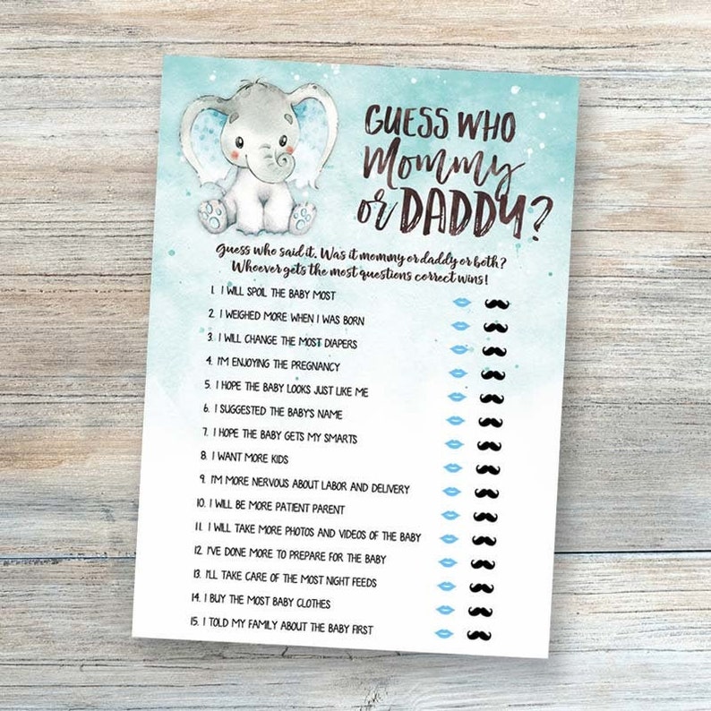 Mommy or Daddy Quiz Blue Elephant Baby Shower Games Printable | Etsy Mommy or Daddy Quiz Blue Elephant Baby Shower Games Printable | Etsy