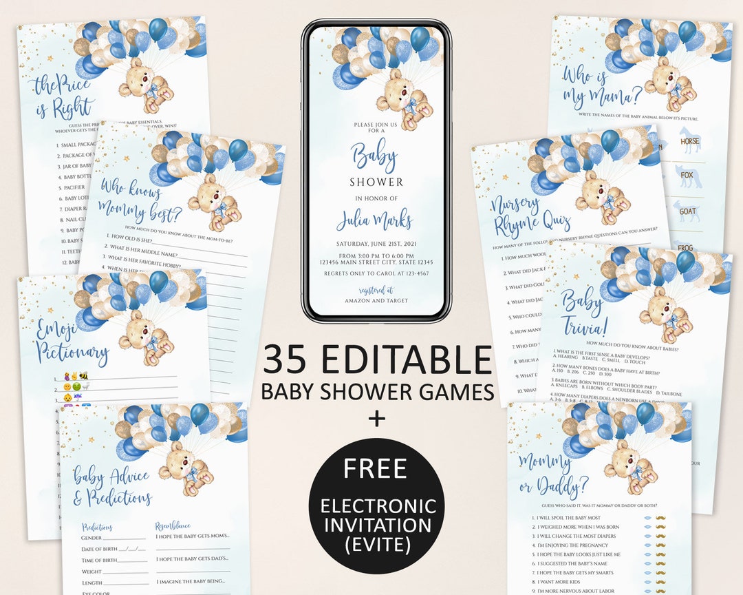 Teddy Bear Baby Shower Games,boy Baby Shower Game Bundle,blue Gold ...
