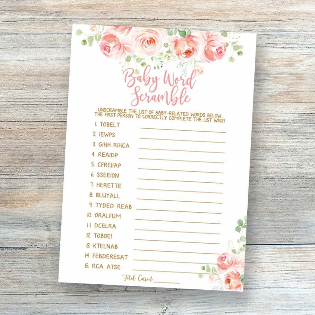 Floral Baby Shower Games Printable, Baby Word Scramble, Baby Shower ...